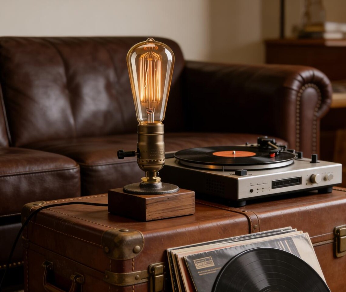 Steampunk Lamp Base – Industrial Pipe Desk Light With Wood Stand (bulb ...