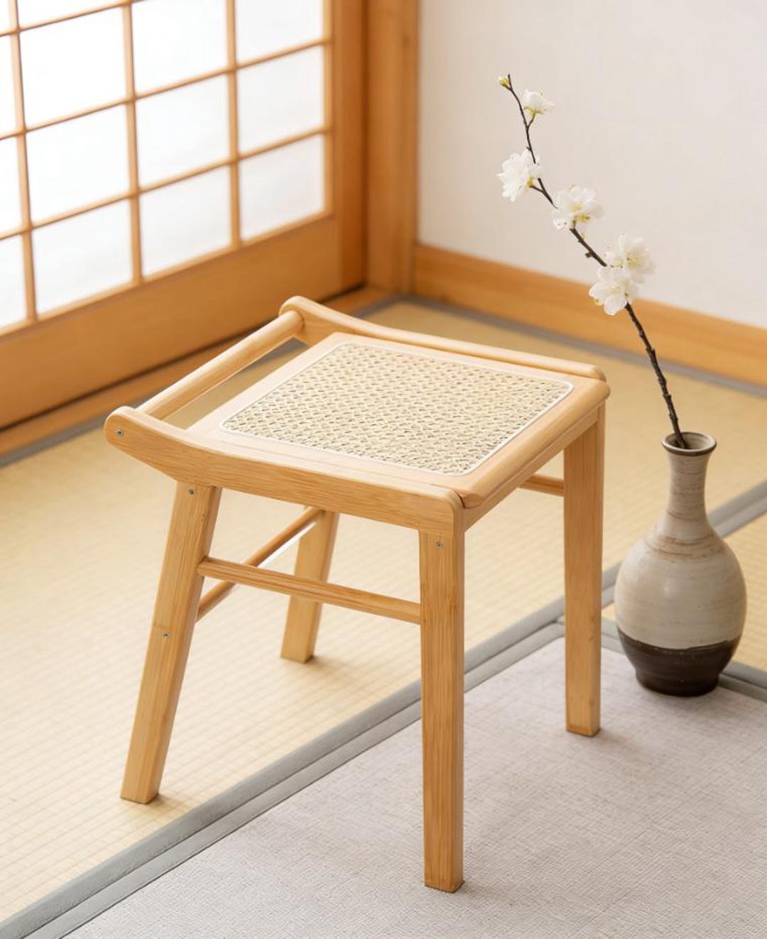 Square Rattan Vanity Stool - Modern Bamboo Makeup Chair for Bedroom - Etsy