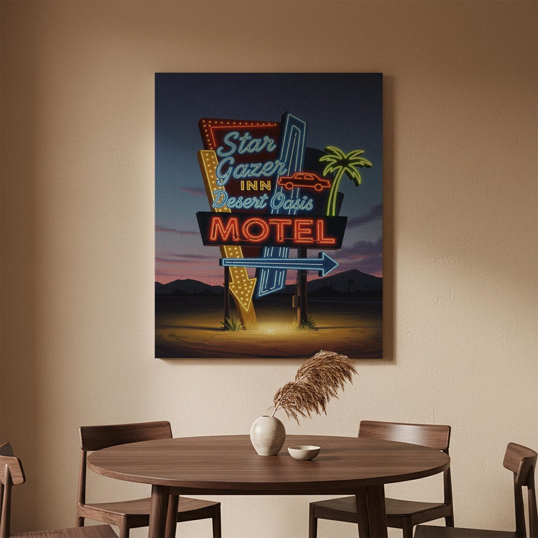 Retro Motel Sign Art, Neon Desert Canvas, Vintage Road Trip Print ...