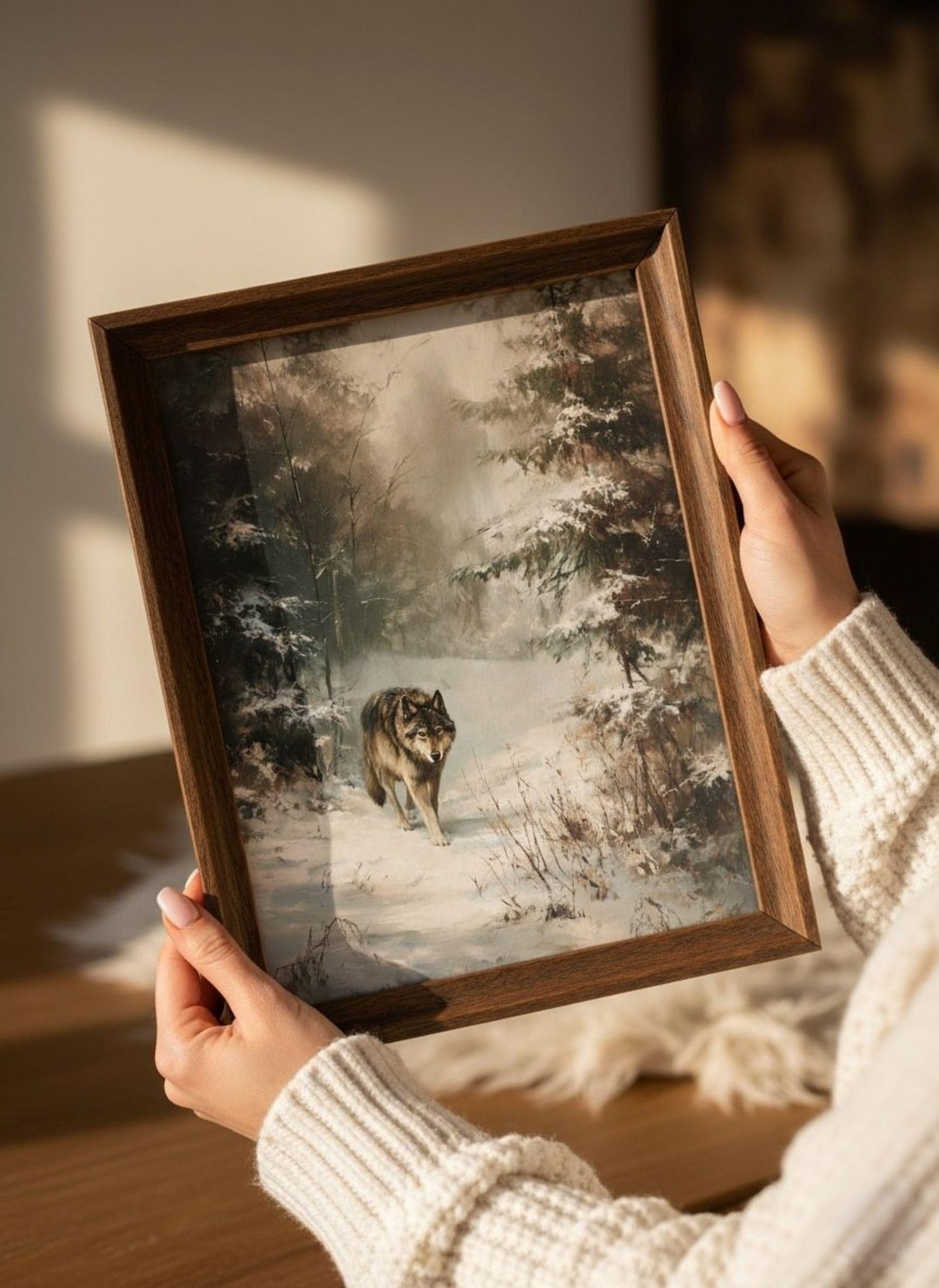 Vintage Wolf Oil Painting, Moody Winter Forest Landscape, Animal Wall ...