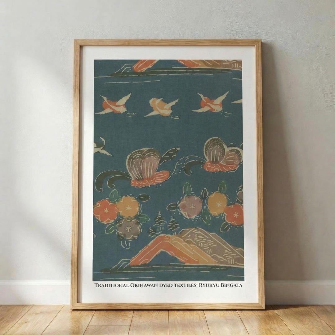 Japandi Wall Art, Japanese Retro Textile Print, Bingata Ryukyu Pattern ...