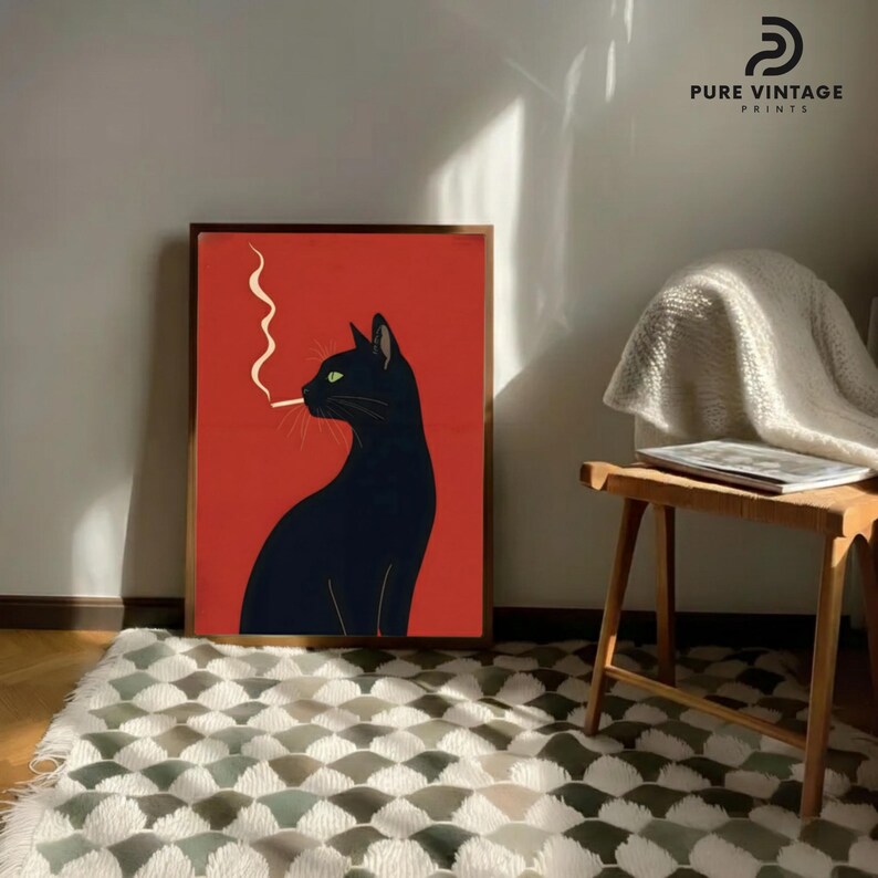 Black Cat Smoking a Cigarette Vintage Poster Art Retro Whimsical Print ...