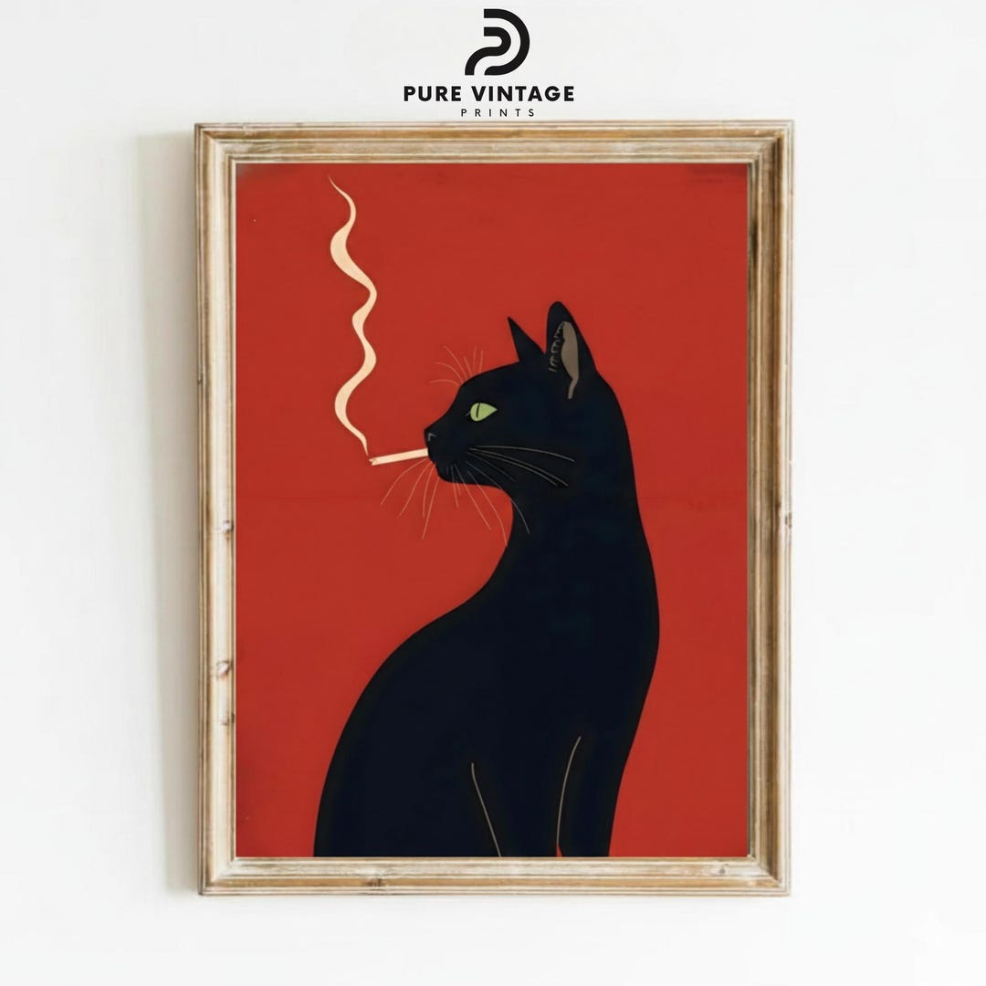 Vintage Black Cat Smoking Cigarette Digital Wall Art Retro Whimsical ...