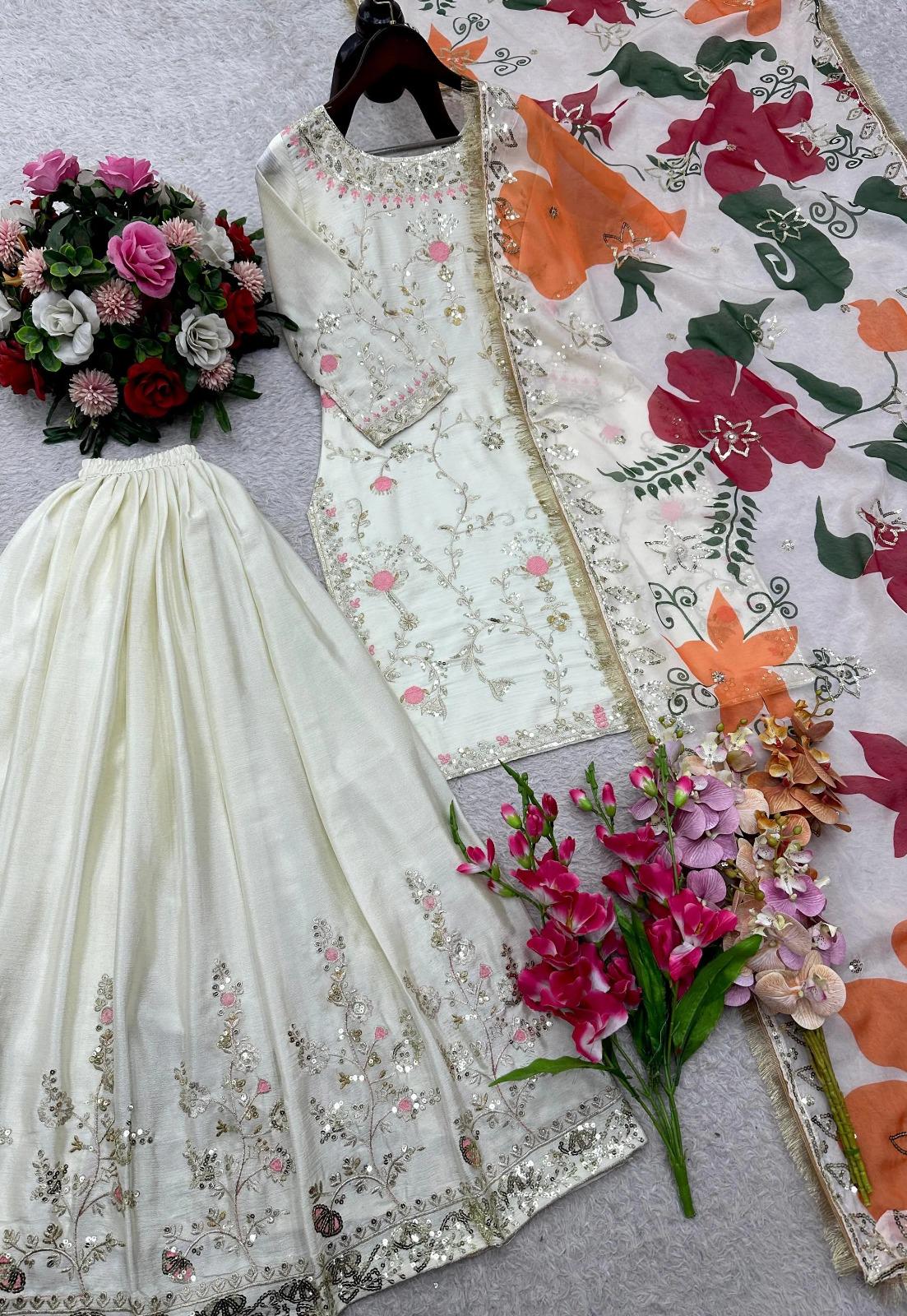 White Pakistani Sharara Suit: Cinon Silk Kurti, Dupatta Partywear ...