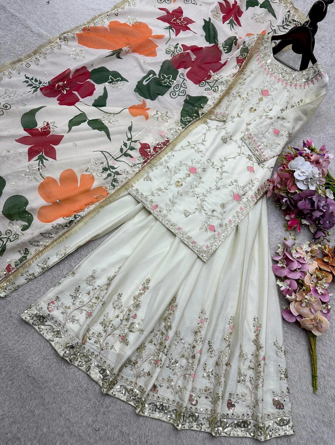 White Pakistani Sharara Suit: Cinon Silk Kurti, Dupatta Partywear ...