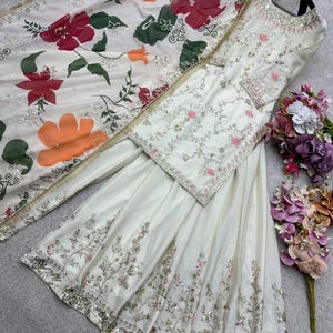 White Pakistani Sharara Suit: Cinon Silk Kurti, Dupatta Partywear ...