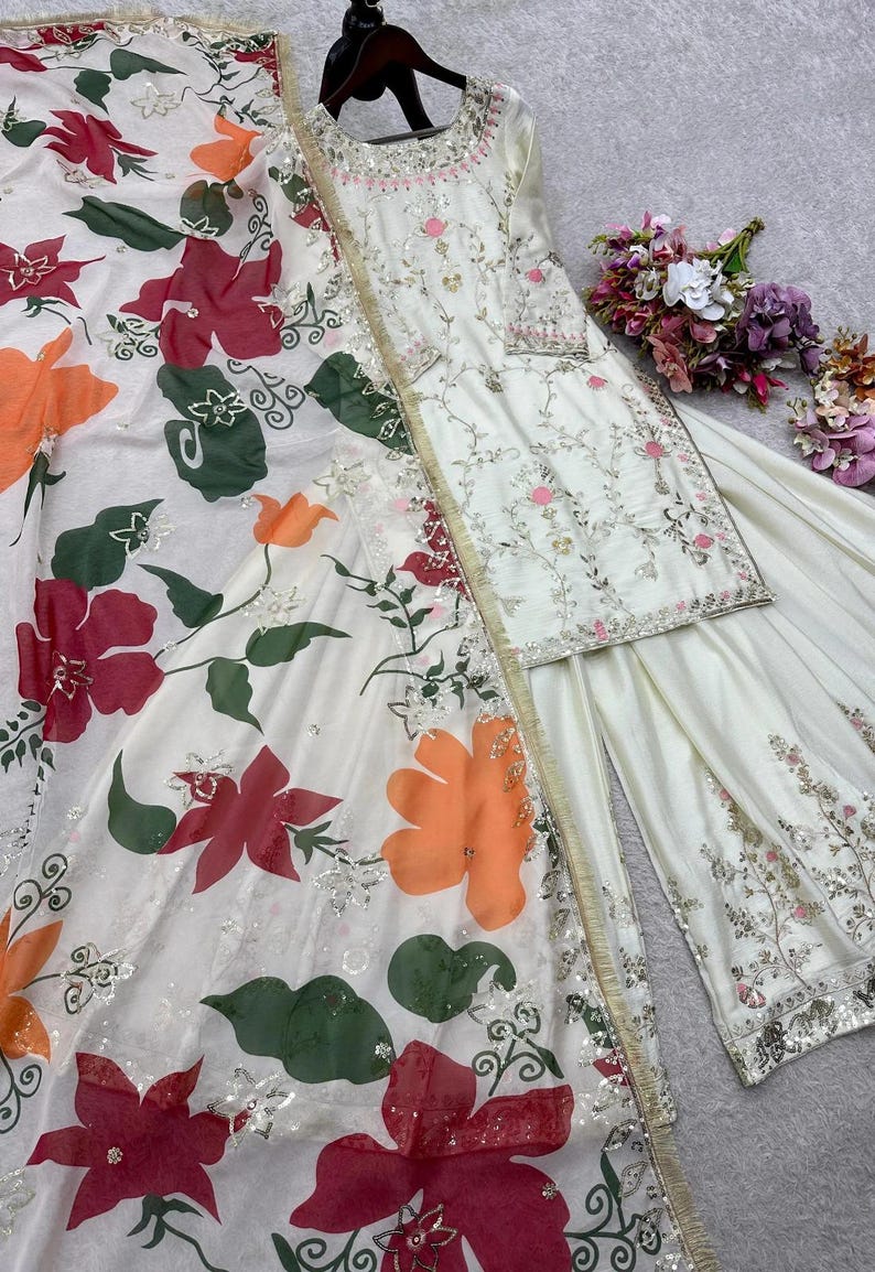 White Pakistani Sharara Suit: Cinon Silk Kurti, Dupatta Partywear ...