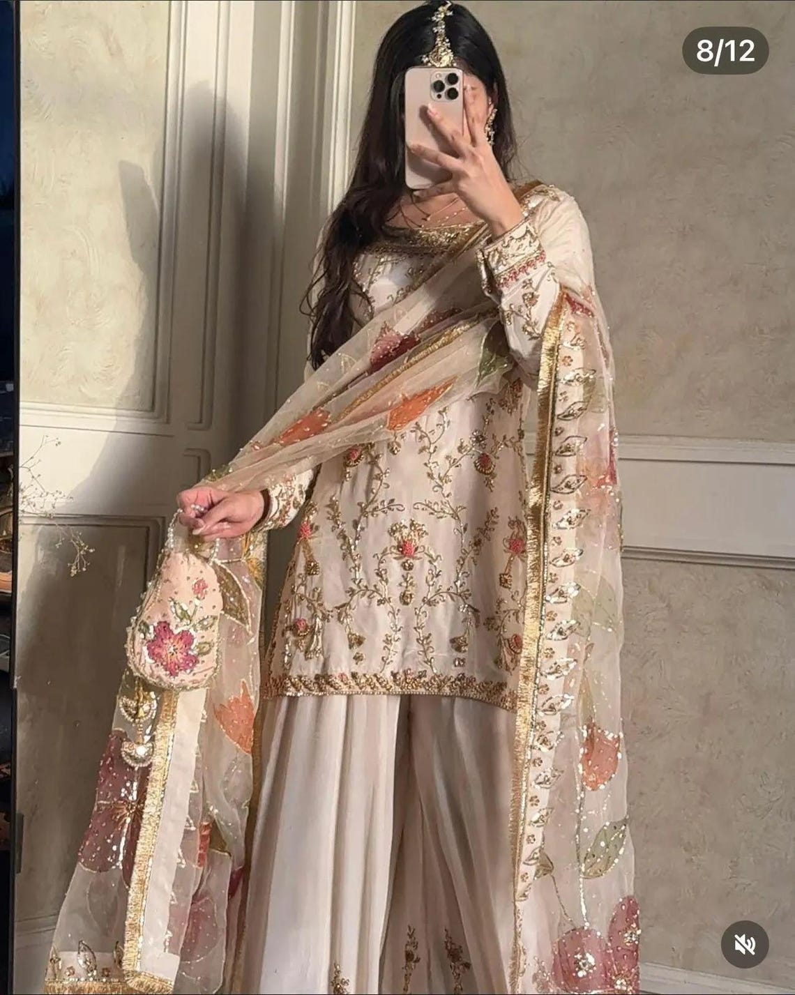 White Pakistani Sharara Suit: Cinon Silk Kurti, Dupatta Partywear ...