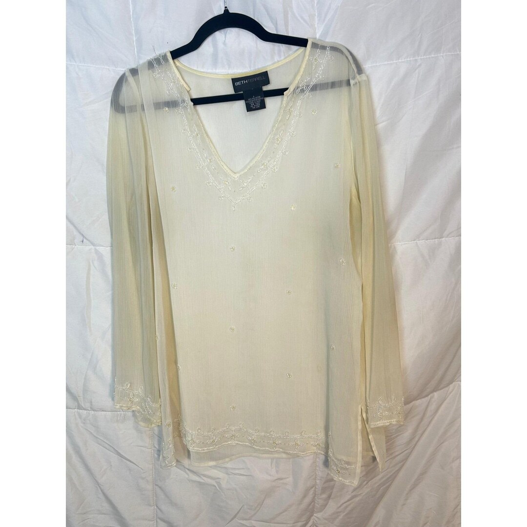 Beth Terrell Beaded V Neck Long Sleeve Sheer Tunic Top Women's Size L ...