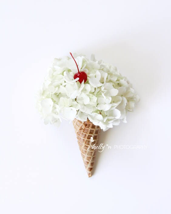 Floral Still Life- Floral Ice Cream Cone Print, Hydrangea and Cherry ...