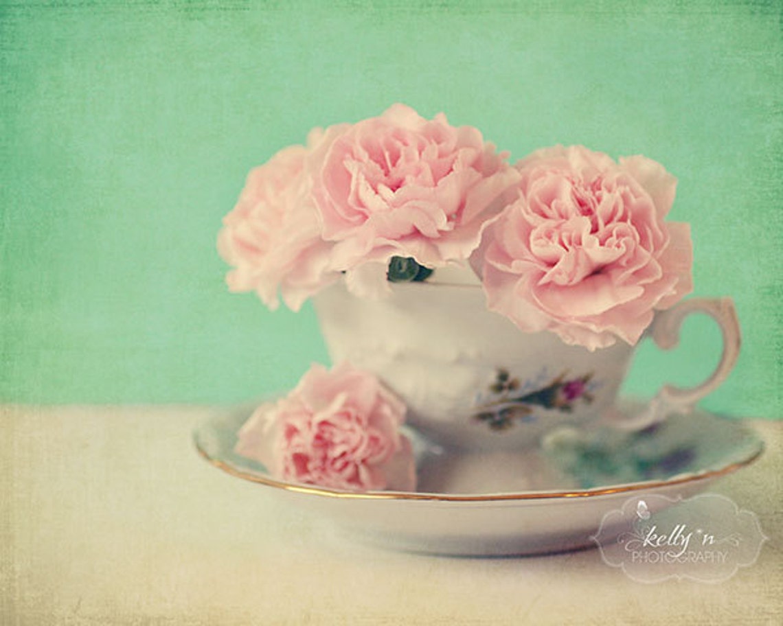 Teacup and Flowers Photograph, Shabby Chic Decor, Pink Teal, Still Life ...