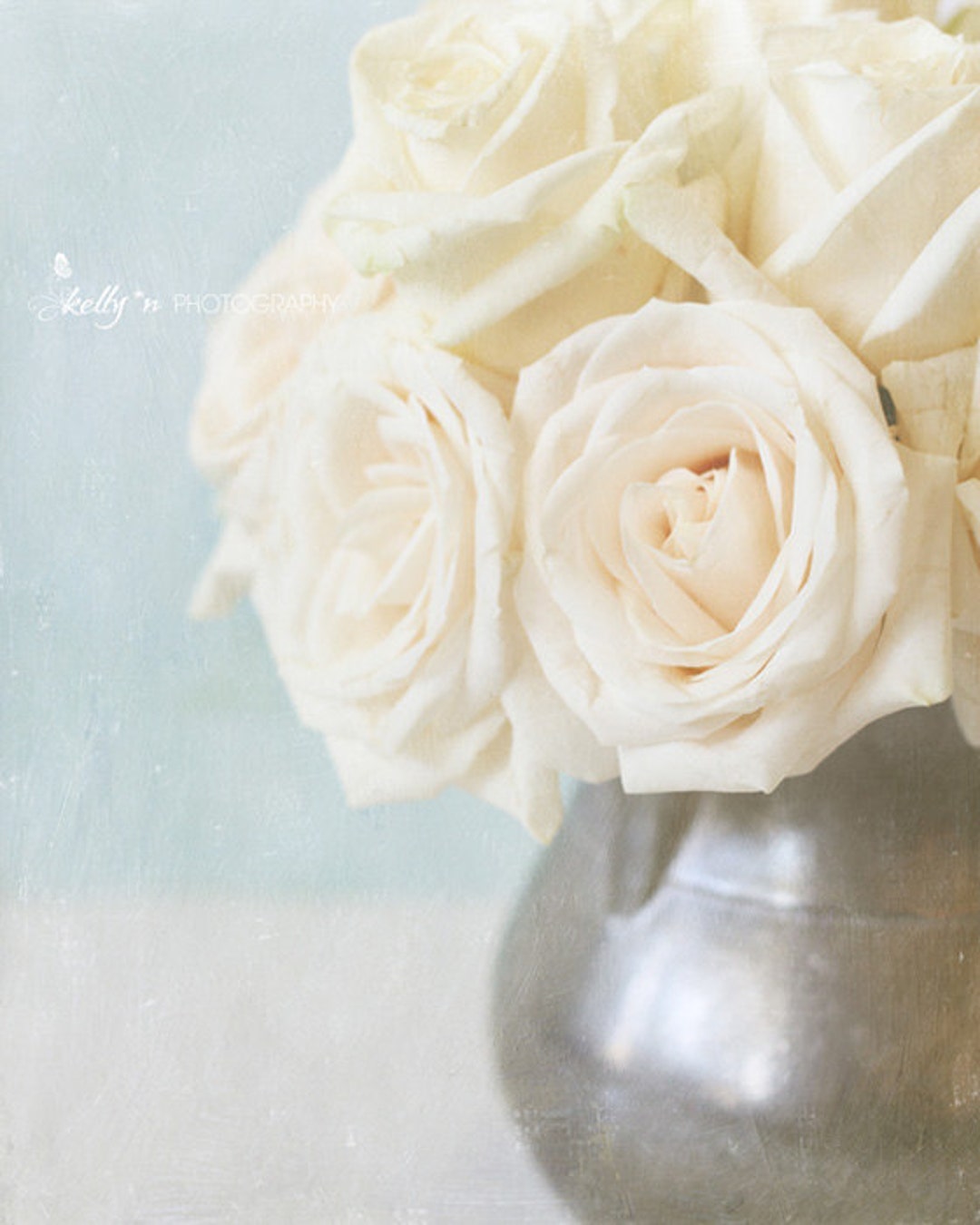 White Rose Photo- Floral Still Life, Rose Photography, White Blue Decor ...