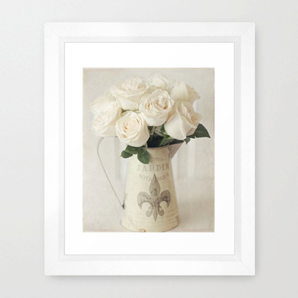 White Roses Photography-rose and Pitcher Print, French Cottage Decor ...