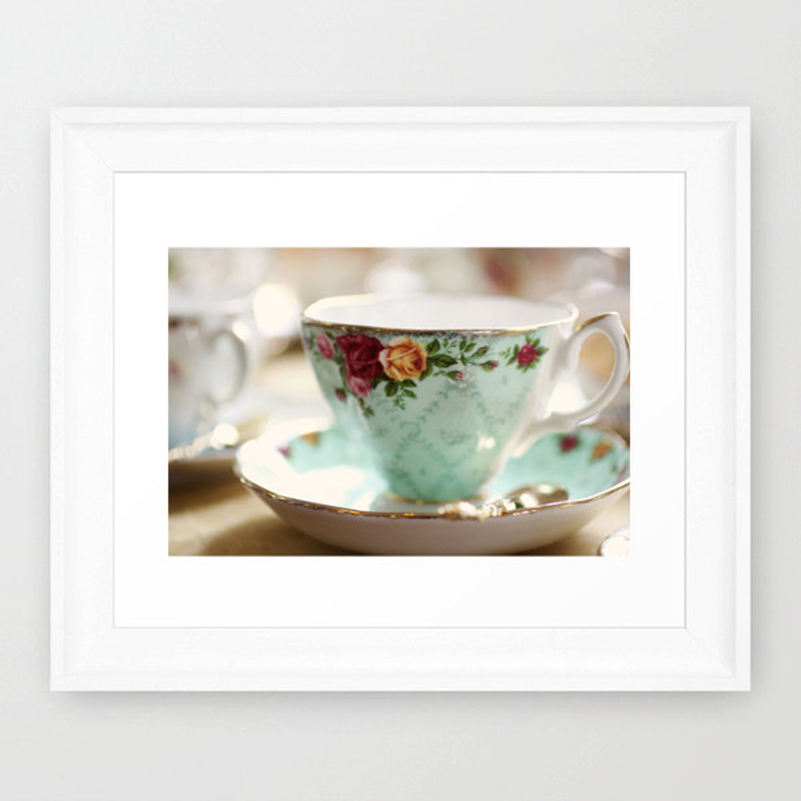 Teacup Photography- Still Life Photo, Floral Rim Teal Blue Teacup and ...
