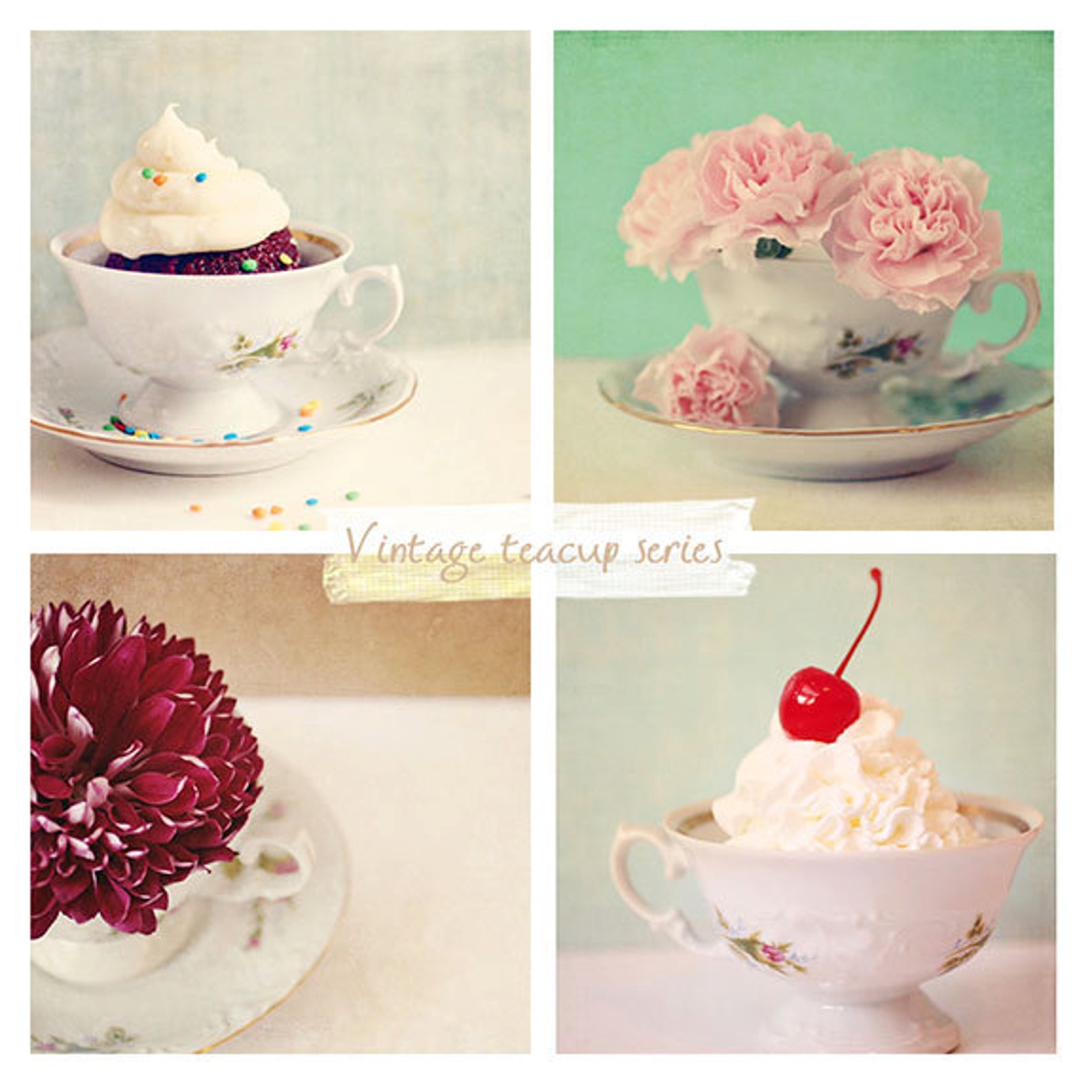 Vintage Teacup Series Set of Four Prints Home Decor Print Set Four 8x10 ...