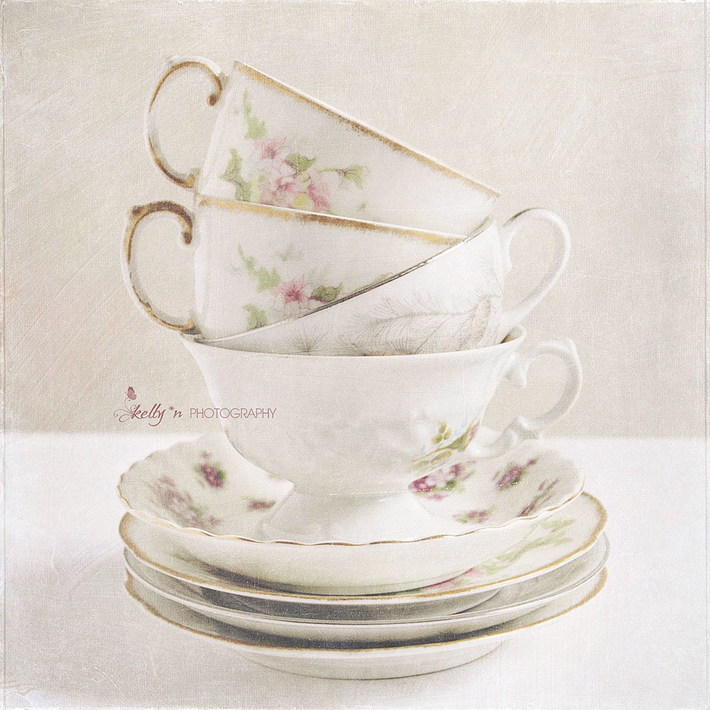Vintage Teacup Photograph- Stacked Teacup Print, White Cream Home Decor ...