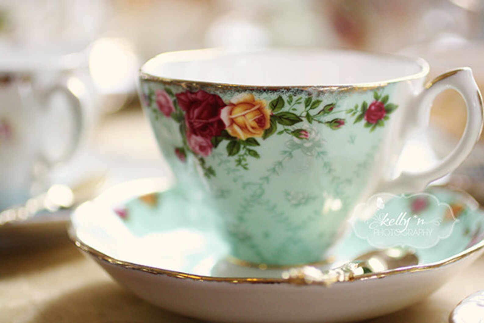 Teacup Photography- Still Life Photo, Floral Rim Teal Blue Teacup and ...