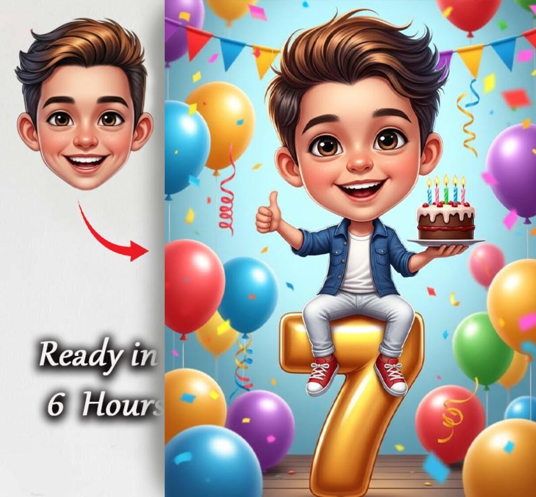 Custom 7th Birthday Cartoon Portrait, Personalized Gift (digital ...