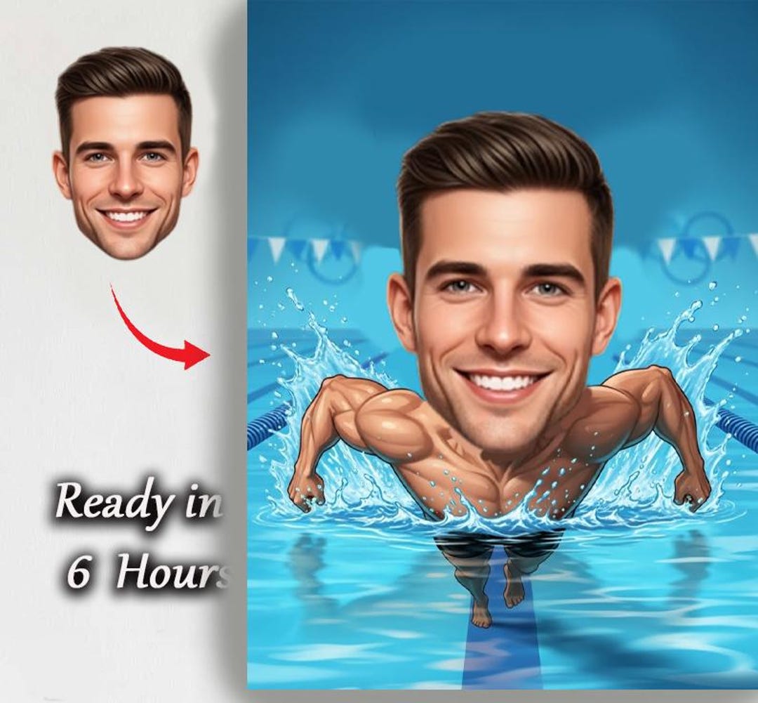 Custom Swimming Caricature – Personalized Pool Portrait Swimmer Cartoon ...