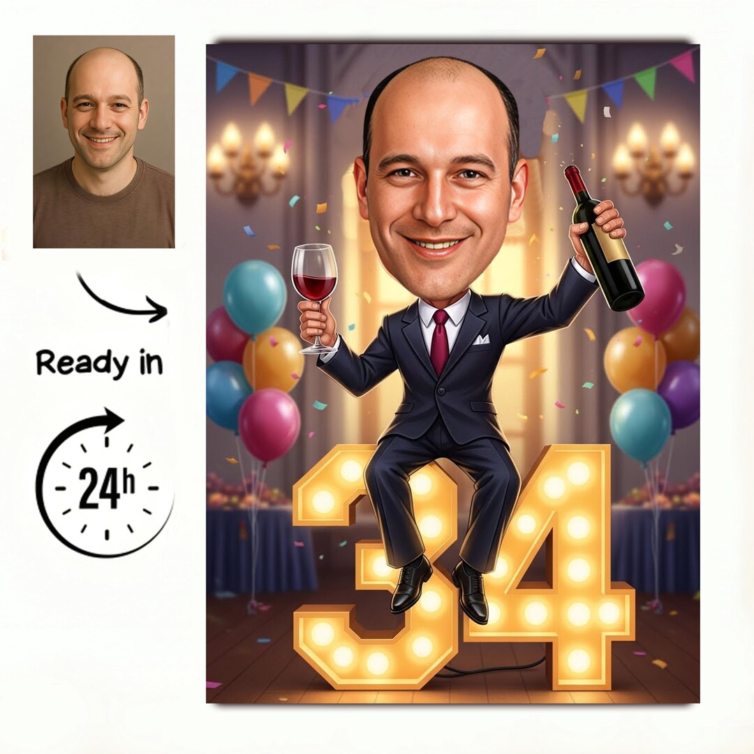 34th Birthday Boy Caricature – Custom Cartoon Portrait for Him With ...