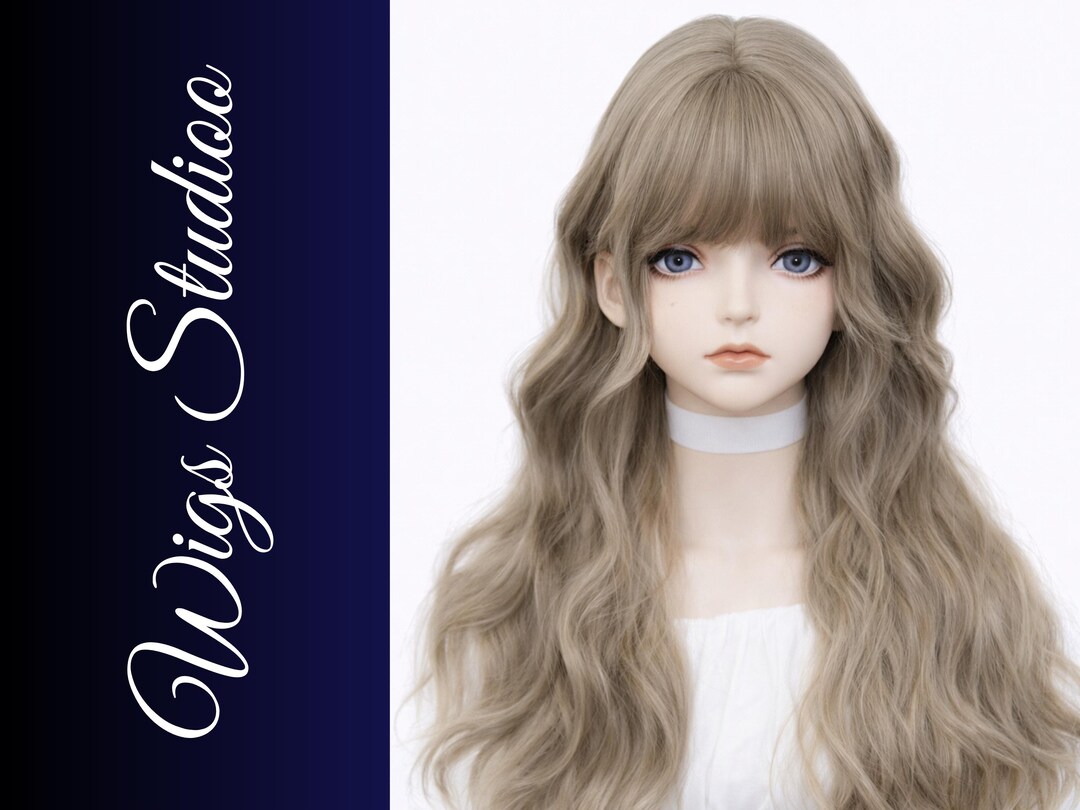 Linen Gold Wavy Synthetic Wig With Bangs Heat Resistant Fiber 24 Inch ...