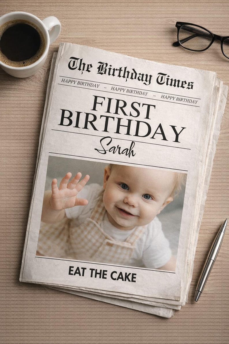 First Birthday Newspaper Poster, Custom Baby Photo Gift, Personalized ...