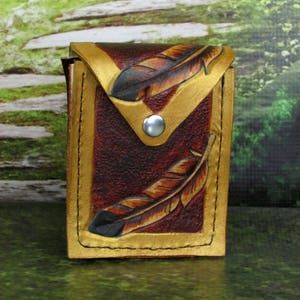 Small Leather Belt Pouch - Made to Order - Brown & Gold Feathers ...