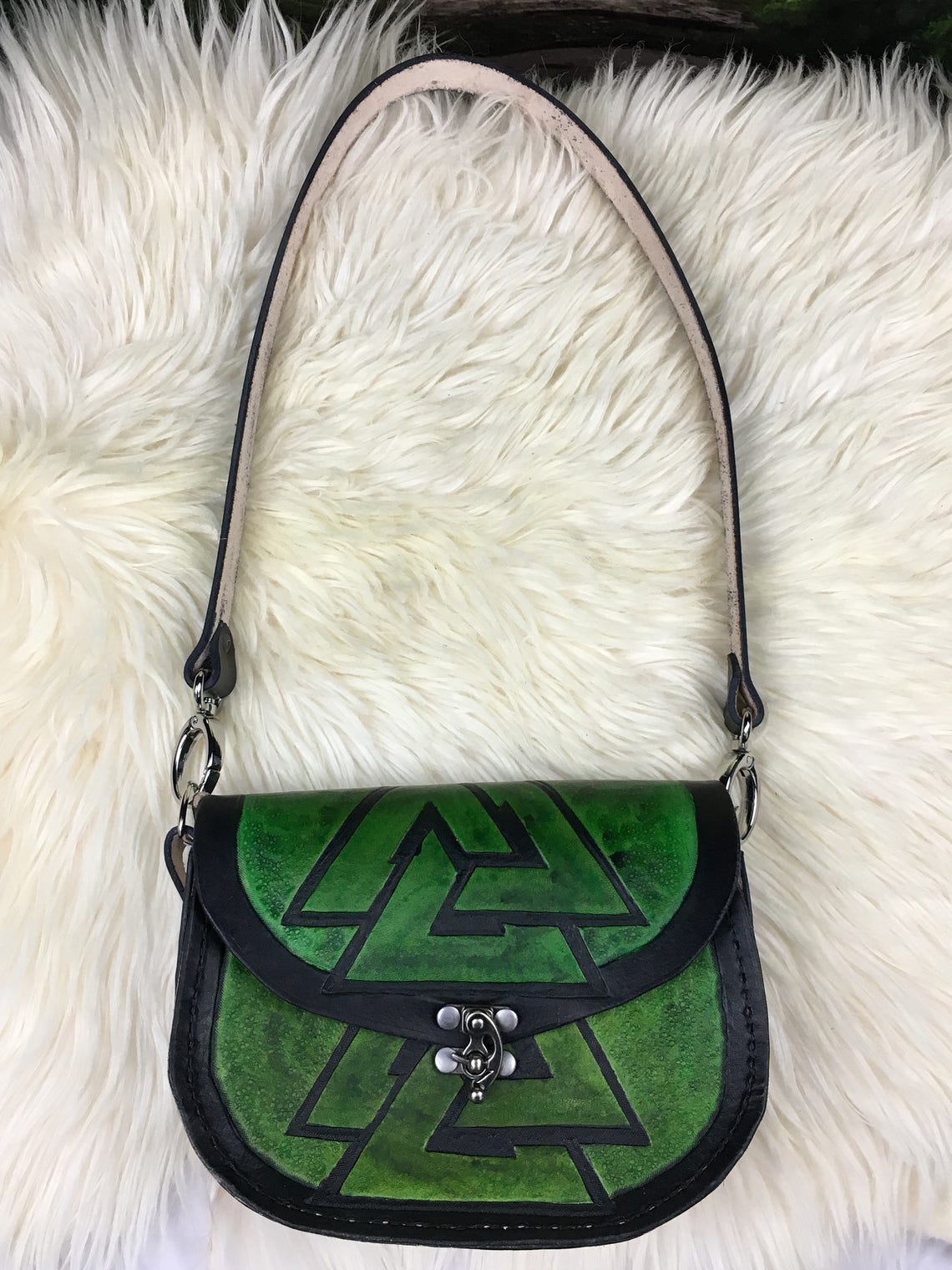 Leather Viking Purse - Green Valknut - Leather Satchel - Leather Viking ...