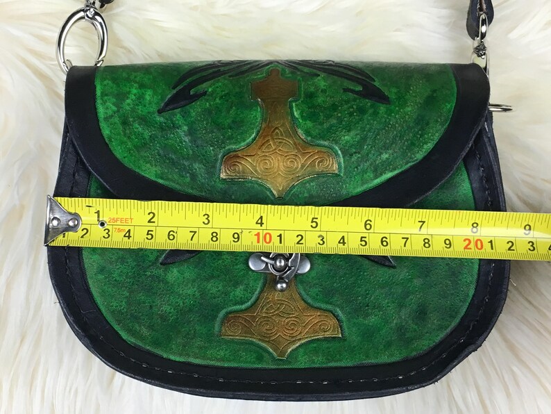 Leather Viking Purse - Green Mjolnir Thors Hammer - Leather Satchel ...