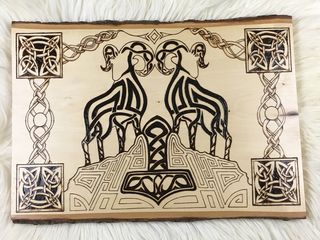Viking Wall Hanging - Thor's Goats Tanngrisnir Tanngnjóstr and Mjolnir ...