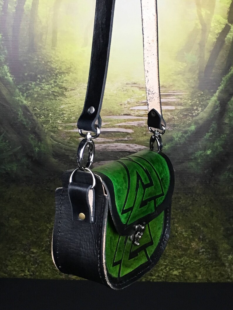 Leather Viking Purse - Green Valknut - Leather Satchel - Leather Viking ...