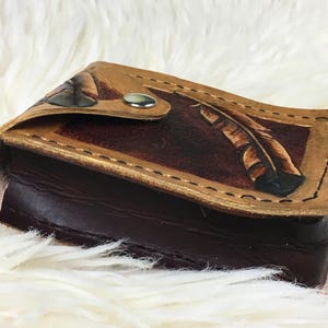 Small Leather Belt Pouch - Made to Order - Brown & Gold Feathers ...