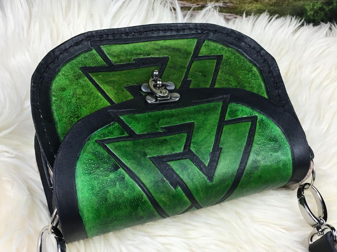 Leather Viking Purse - Green Valknut - Leather Satchel - Leather Viking ...