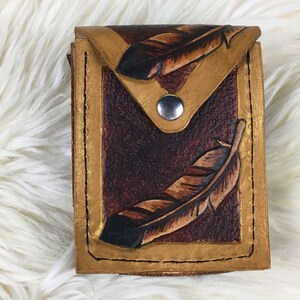 Small Leather Belt Pouch - Made to Order - Brown & Gold Feathers ...
