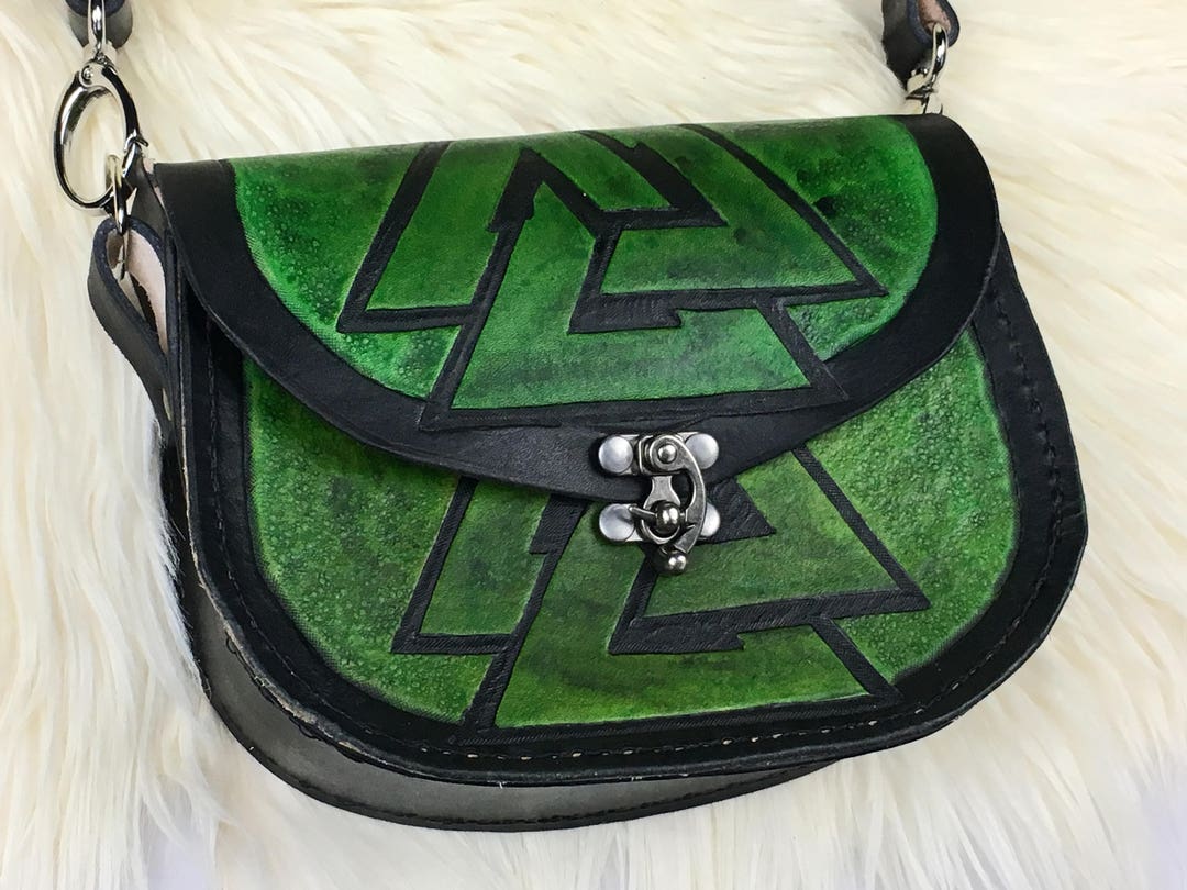 Leather Viking Purse - Green Valknut - Leather Satchel - Leather Viking ...