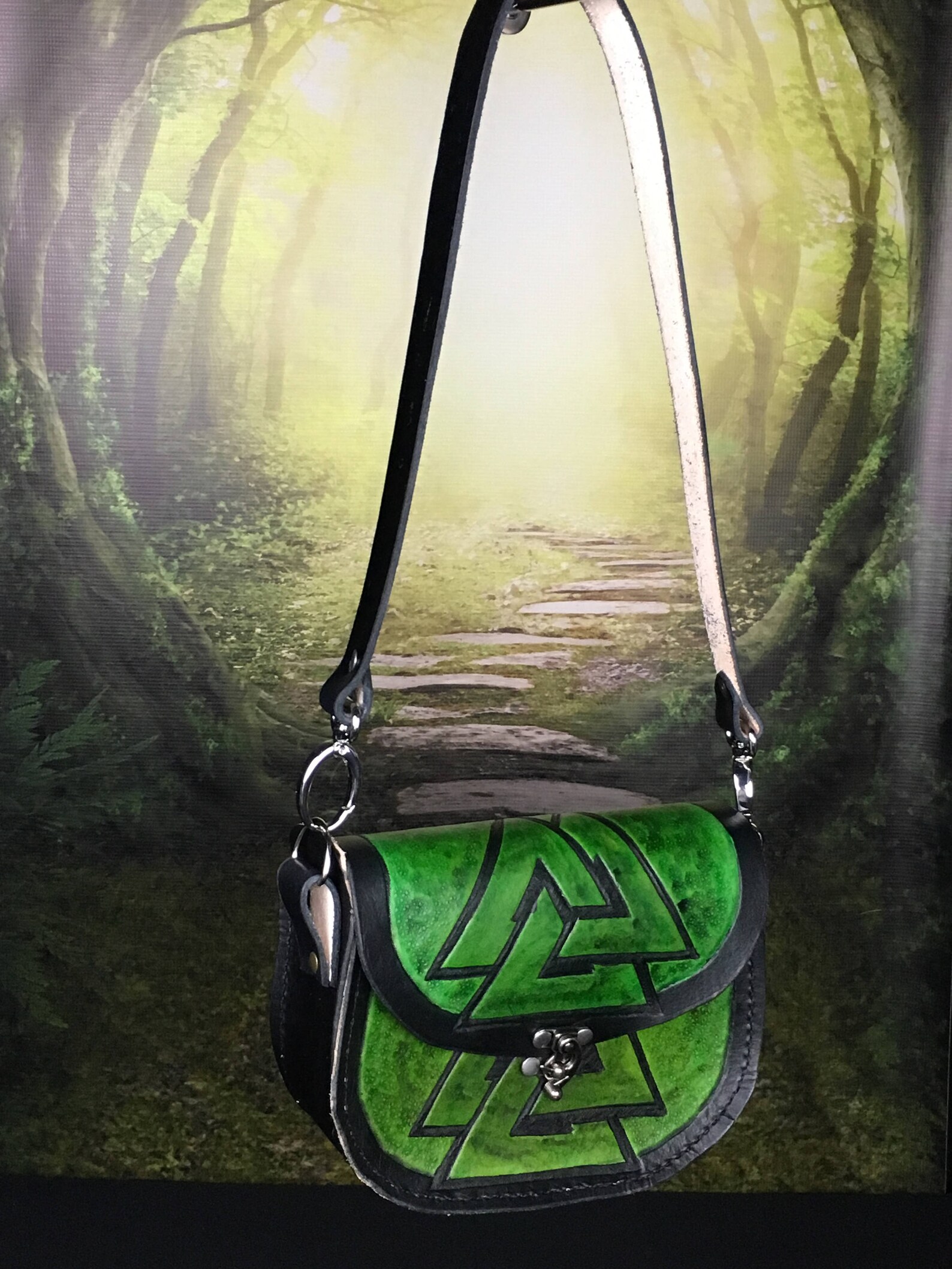 Leather Viking Purse - Green Valknut - Leather Satchel - Leather Viking ...