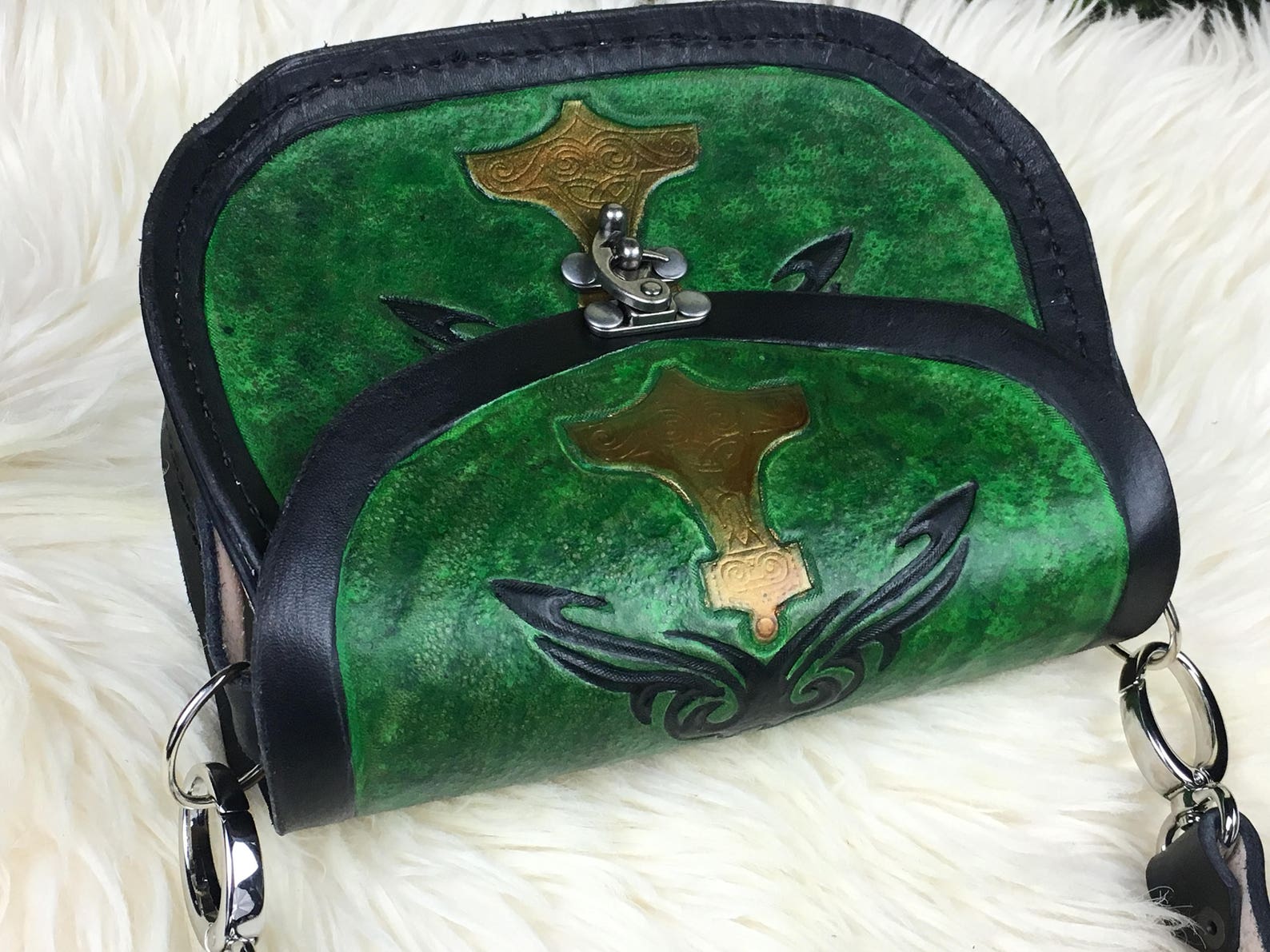 Leather Viking Purse - Green Mjolnir Thors Hammer - Leather Satchel ...