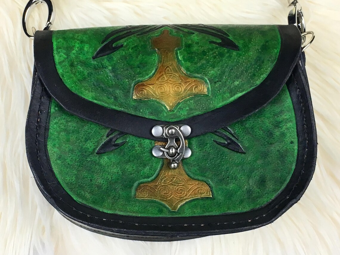 Leather Viking Purse Green Mjolnir Thors Hammer Leather | Etsy