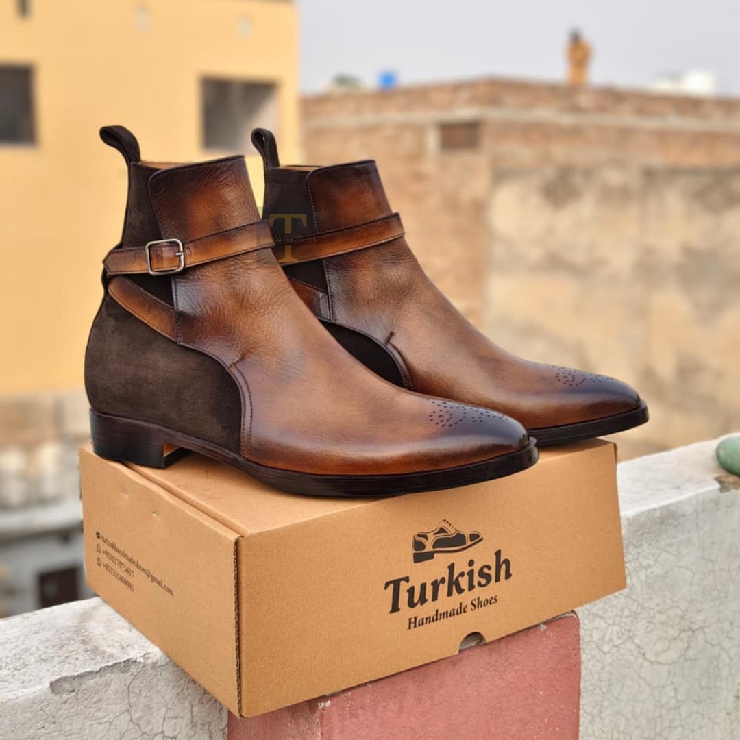 Men's Handmade Patina Leather and Suede Ankle Boot, Monk Strap Jodhpur ...