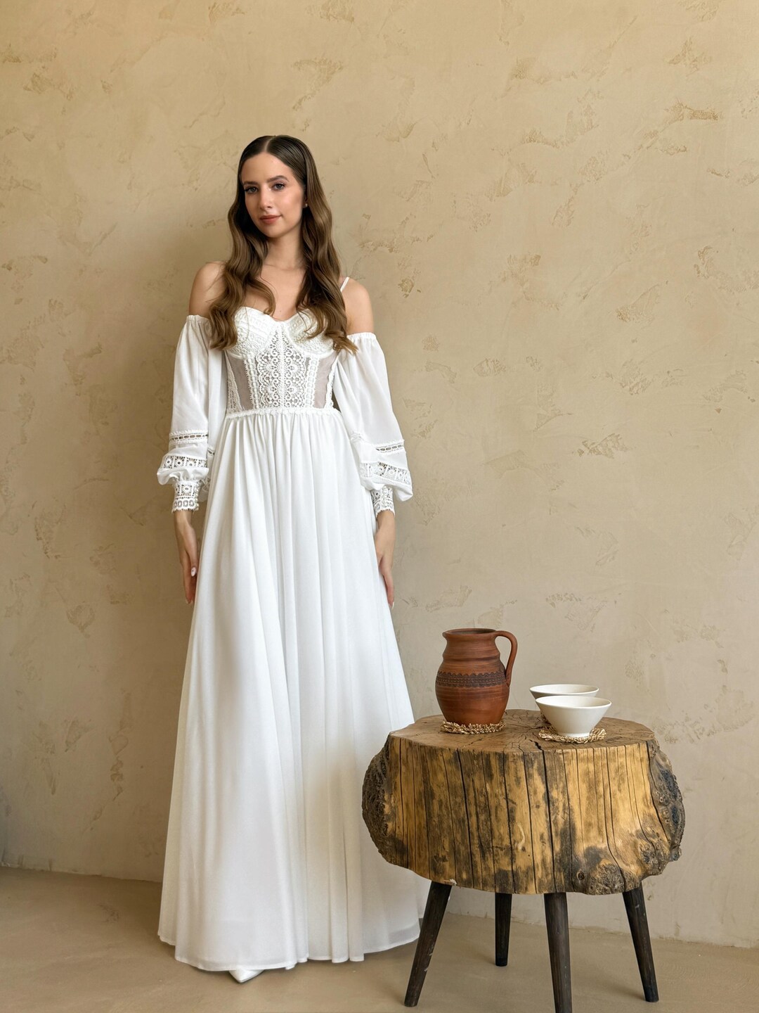 Boho Lace Corset Wedding Dress, Long Removable Sleeve With Rustic Lace ...