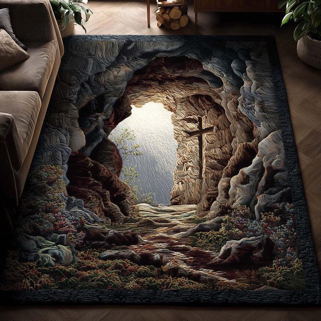 Christian Cross Area Rug, Faith Cave Light Print, Peaceful Spiritual ...