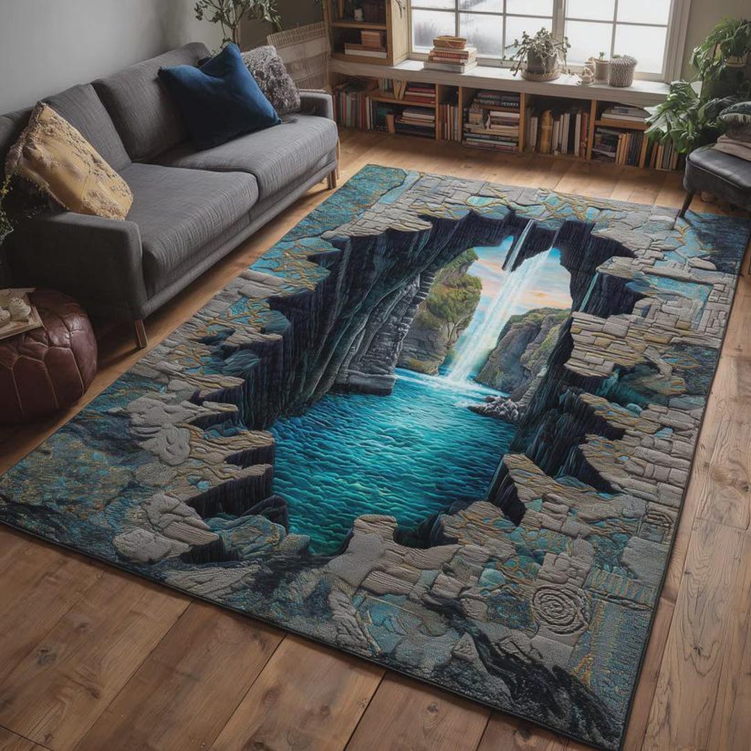 3D Canyon Waterfall Rug, Optical Illusion Blue River Area Carpet - Etsy