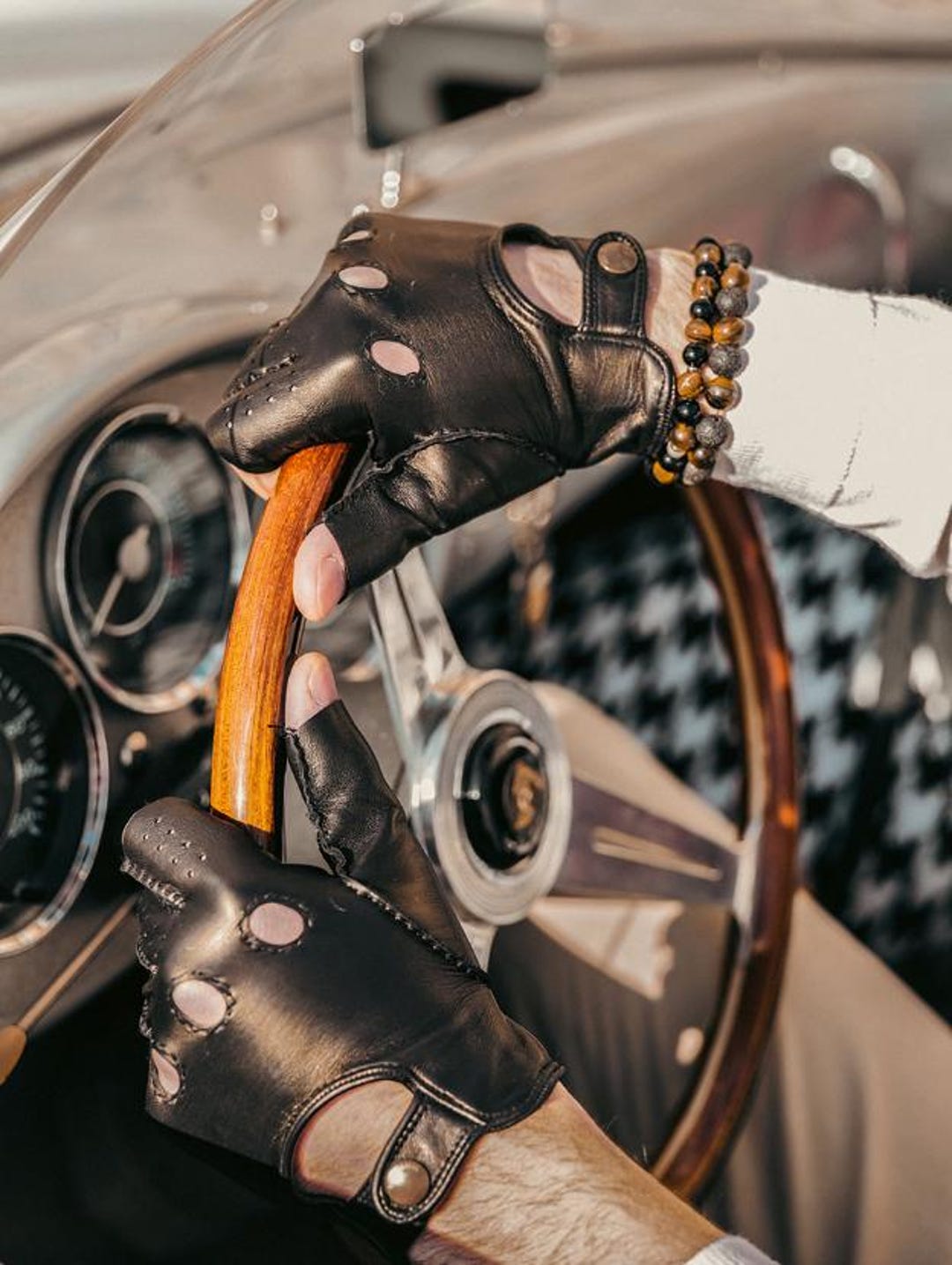 Black Leather Racing Mittens for Men, Vintage Driving Gloves ...