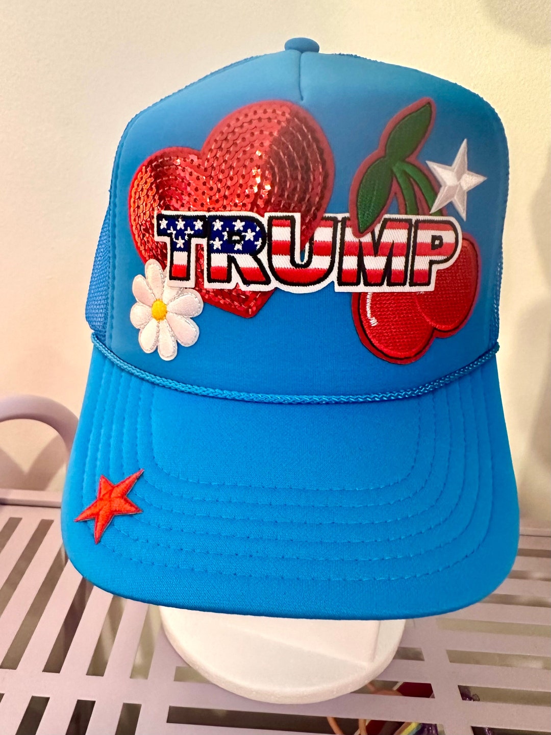 Trump MAGA Trucker Hat With Patches Adult Size / Turquoise Blue - Etsy