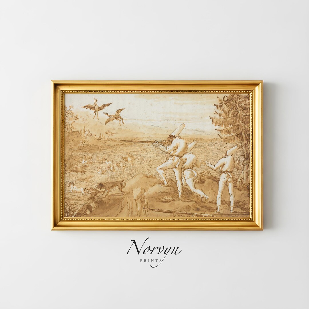Antique Hunting Scene Drawing, Vintage Bird Hunt Illustration, Old ...