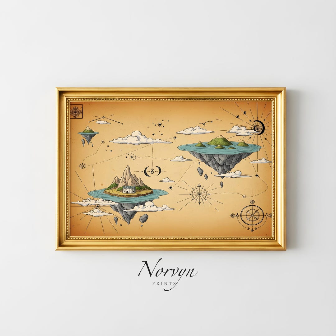 Vintage Fantasy Sky Map Illustration – Floating Islands & Celestial ...