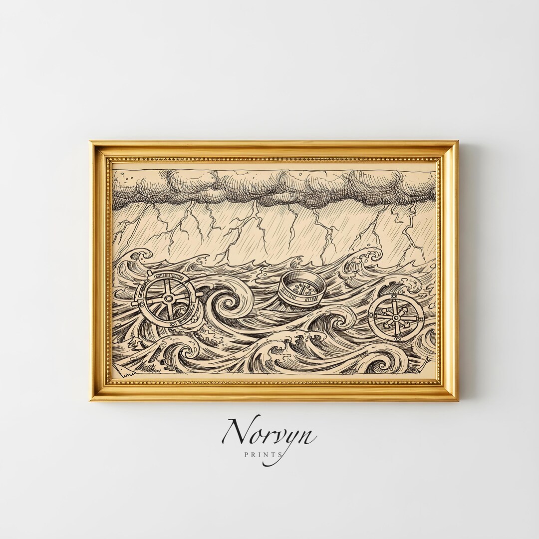 Nautical Fantasy Map Printable | Hand Drawn Ocean Waves & Compass Art ...