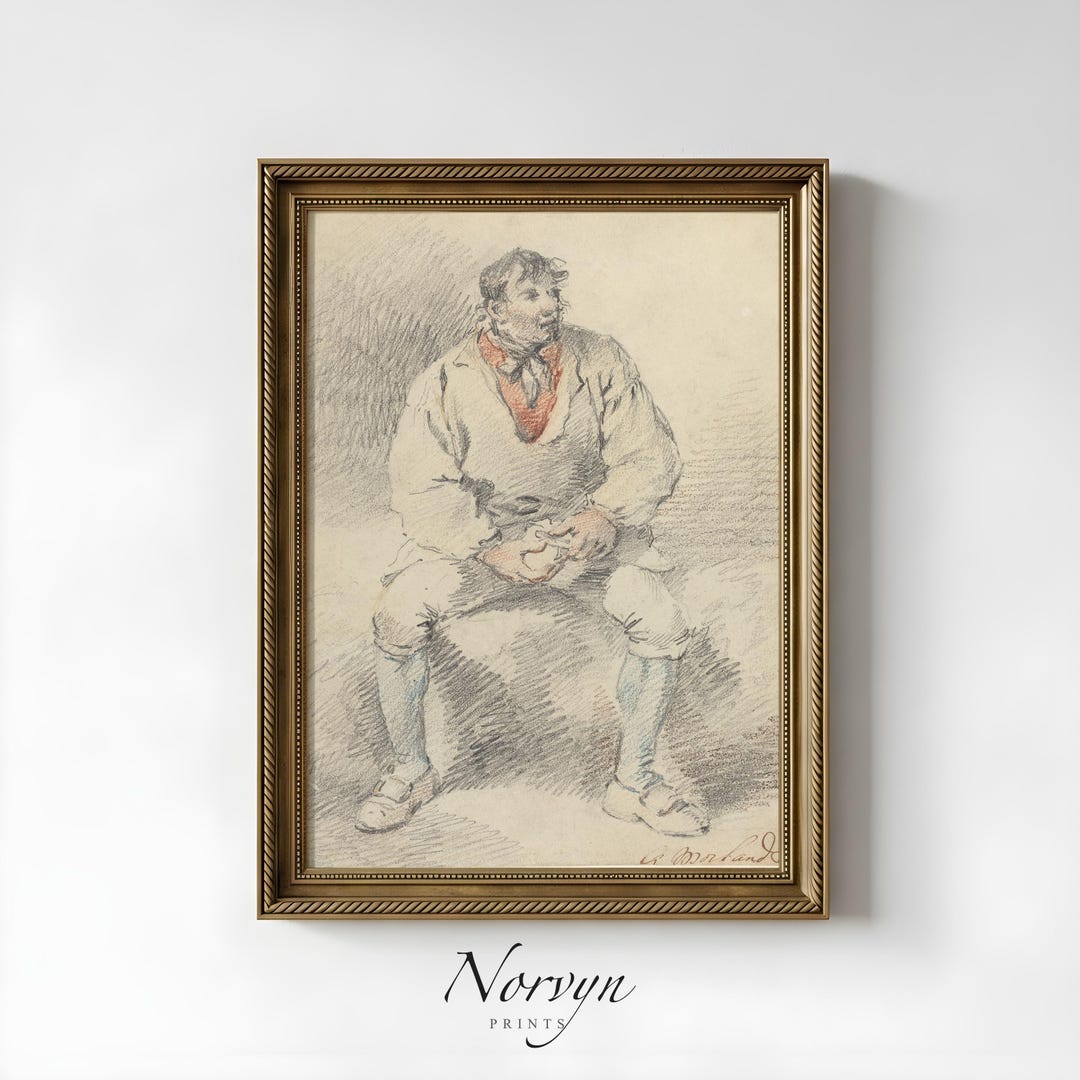 Vintage Seated Figure Drawing Printable, Classical Character Sketch Art ...