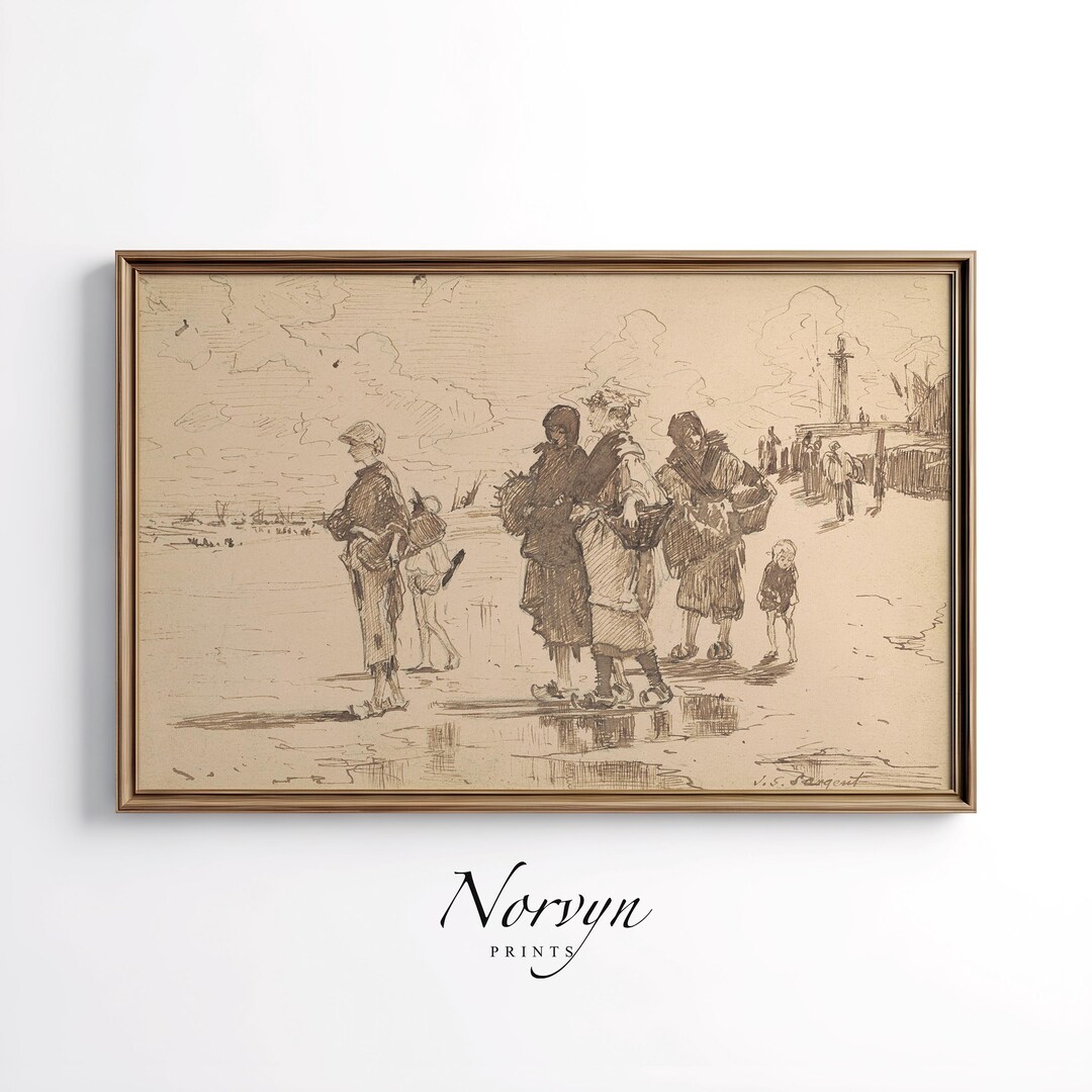 Antique Sepia Figure Drawing Print, Vintage Coastal Sketch Wall Art ...