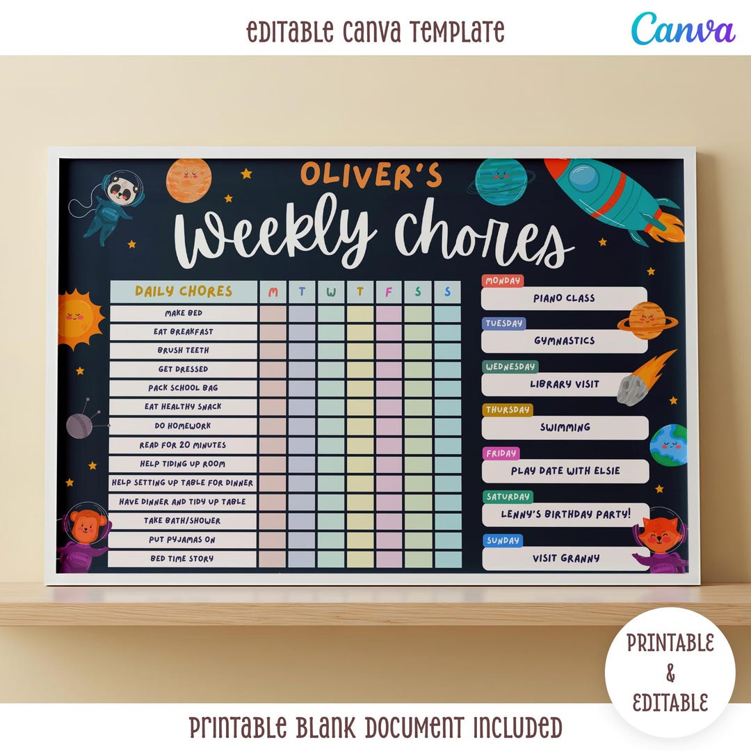 Space Chore Chart | Kids Weekly Routine, Canva Editable - Etsy